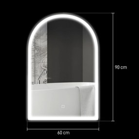 HOMCOM LED koupelnové zrcadlo 90 x 60 cm, nástěnné, 3 barvy, obloukový tvar, hliníkový rám, proti zamlžení a dotykový spínač