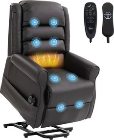 HOMCOM Elektrické křeslo na vstávání s vibrační masáží a funkcí tepla, seniorské křeslo z hnědé PU kůže