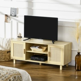 HOMCOM TV Stánek s Věšákem - 2 Přihrádky, 2 Skříně s Ratanovými Dveřmi, 115 x 40 x 48 cm, MDF s Povrchovou Úpravou Světle Dřevo