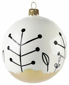 Skleněná vánoční ozdoba bílá s dekorem rostlinek - GLASSOR - 8 cm, bílá, zlatá, černá