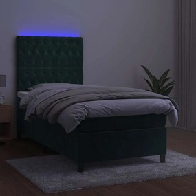 Box spring postel s matrací a LED tmavě zelená 90x190 cm samet 3136278