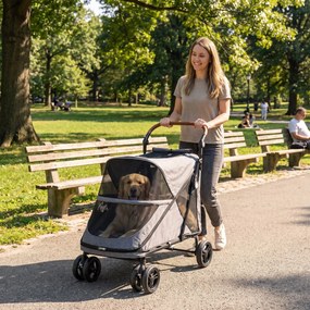 Skládací psí kočárek PawHut – nosnost až 40 kg, odpružení na 4 kolech, přední kola otočná o 360°, pratelná vložka, nastavitelná rukojeť, šedý