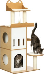 PawHut Kočičí Škrabací Strom 133 cm - Kočičí Věž s Doupětem, Plošinami, Visacím Míčem a Sisalovými Sloupky 60x48x133 cm Dub | Aosom