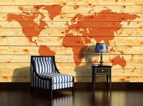 Fototapeta - Mapa světa na borovicových deskách (152,5x104 cm)