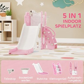 AIYAPLAY 5-v-1 dětská skluzavková sada, teleskop, basketbalový koš, HDPE, plast, růžová+bílá