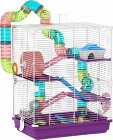 Klec pro křečky PawHut, 4 úrovně s tunely, krmítkem, kolem, domkem a žebříky, rozměry 46D x 30Š x 58V cm, fialová