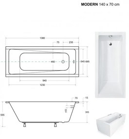 BESCO Obdélníková vana MODERN SLIM Nožičky k vaně - Bez nožiček, Rozměr vany - 140 × 70 cm - VANMOD14SLIM