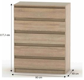 Kondela 5 šuplíková komoda, dub sonoma, HANY NEW 005