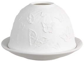 Bílý porcelánový svícen na čajovou svíčku s motýlky Basthijn – 12x8 cm