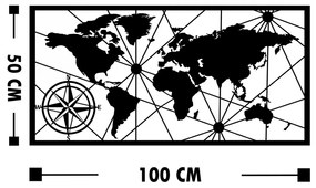 Nástěnná kovová dekorace Mapa světa kompas 100x50 cm černá