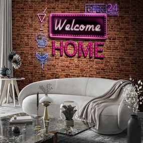 Fototapeta Welcome home - nápis ve stylu neonu s ikonami v růžových barvách