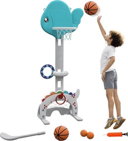 Dětský 5v1 basketbalový koš AIYAPLAY s nastavitelnou výškou a motivem zlaté rybičky - fotbal, golf, hra s kroužky pro vnitřní použití | Aosom