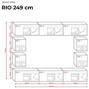 Ral Obývací stěna RIO 4, 249 cm -Bílo/černý lesk