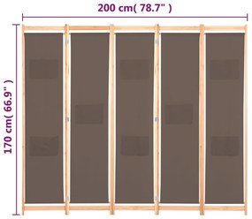 vidaXL Marketos 5dílný paraván hnědý 200 x 170 x 4 cm textil