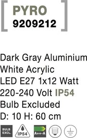 NV 9209212 Venkovní sloupkové svítidlo PYRO tmavě šedý hliník bílý akryl E27 1x12W 220-240V IP54 bez žárovky - NOVA LUCE