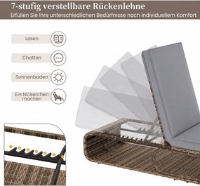 Costway Ratanové lehátko s polštářem a nastavitelným opěradlem, balkonové