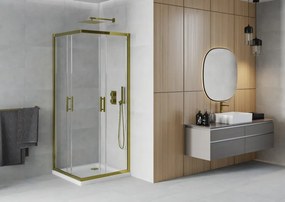 Mexen Rio, čtvercový sprchový kout s posuvnými dveřmi 70 (dveře) x 70 (dveře) x 190 cm, 5mm čiré sklo, zlatý profil + sprchová vanička SLIM se zlatým sifonem, 860-070-070-50-00-4010G