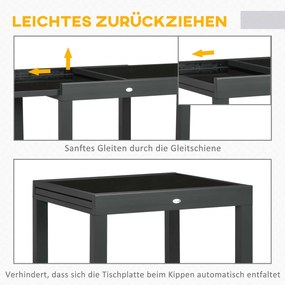 Rozkládací zahradní stůl Outsunny z hliníku s obdélníkovým tvarem a tvrzeným sklem pro 4-6 osob, nosnost 50 kg, rozměry 80-160x80x75 cm, černý