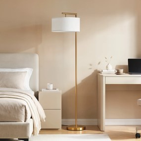 HOMCOM Stojací lampa s paticí E27 Stojací lampa do obývacího pokoje ložnice kancelář, kov ocel plátno zlatá bílá 47x37x153 cm