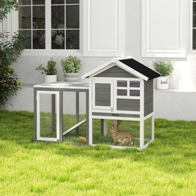 Klec pro králíky PawHut z borovicového dřeva 122 x 62,6 x 92 cm – vnitřní a venkovní, s odnímatelným dnem a rampou, šedá + černá + bílá