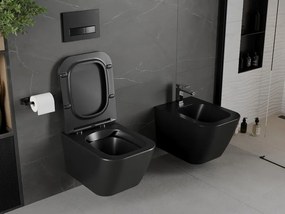 Mexen Madox, Rimless závěsná wc mísa 515x365x350 mm s pomalu padajícím sedátkem SLIM z duroplastu, černá matná, 30154070