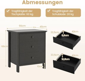 Costway Noční stolek s 3 zásuvkami k pružinové posteli – 56 × 45 × 66 cm