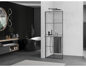 Mexen Kioto+ L, sprchová zástěna Walk-In s poličkou a věšákem 70 x 200 cm, 8mm čiré sklo černý vzor, ​​grafitový profil, 800-070-123-66-77