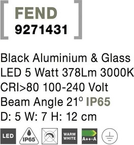 NV 9271431 Venkovní nástěnné svítidlo FEND černý hliník a sklo LED 5W 3000K 100-240V 21st. IP65 - NOVA LUCE