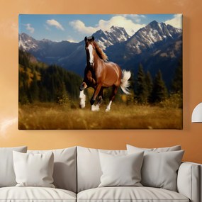 Obraz na plátně - Divoký kůň Majesty na planině v horách FeelHappy.cz Velikost obrazu: 120 x 80 cm