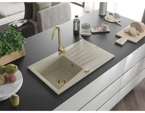 Mexen Cesar, granitový dřez 775x470x190 mm, 1-komorový, béžová se zlatým sifonem, 6514771010-69-G