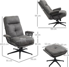 HOMCOM polohovatelné křeslo s taburetem, nosnost do 150 kg, otočná základna, TV křeslo s funkcí polohování, tmavě šedý polyester, ideální do obývacíh…