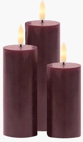 LED svíčky z pravého vosku dobíjecí Bordeaux, sada 3 ks, výška 10/12,5/15cm, ø 5 cm, vínová, bez stanice