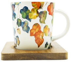 Porcelánový hrnek Bright Fall s akáciovým podšálkem, 350 ml – podzimní akvarelové listy, vnitřní dekor