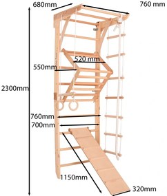 Žebřiny dřevěné s houpačkou, kruhy, žebříkem, skluzavkou a extra nosníkem KINDER 3 - bilá (Set žebřiny, hrazda, kruhy, šplhací lano, houpačka,)
