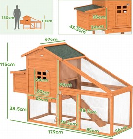 PawHut Zahradní Kurník pro 1-2 Slepice s Hnízdící Oblastí, Domem a Otevřeným Prostorem, Kurník z Modřínového Dřeva a Kovových Materiálů, 179x67x115 c…