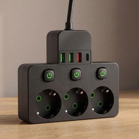 Toolight Toolight, JNH018, zásuvkový rozbočovač 3 zásuvky + 3× USB-A + USB-C s LED světlem, černá, OSW-56307