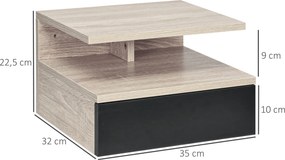 HOMCOM Sada 2 Floating Nočních Stolků Závěsných Nočních Stolků s 1 Šuplíkem a Otevřenou Policí do Ložnice 35x32x22,5 cm Dub a Černá