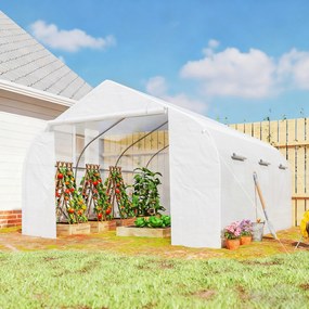 Fóliový skleník Outsunny 4,45x2,99x2,05 m, ochrana proti UV záření, okno ze síťoviny, větruvzdorný, kovový, bílý