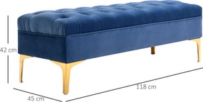 HOMCOM Lavice k posteli lavice na boty sametová modrá 118 x 45 x 42 cm se zvýšenými nohami do ložnice a předsíně | Aosom.de