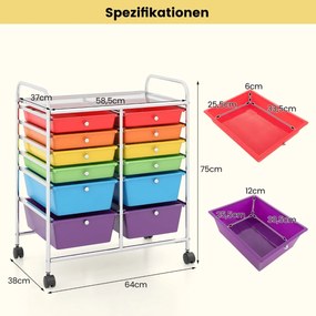 Costway Pojízdný vozík kovový rám pojezdový kontejner 12 zásuvky koupelnový