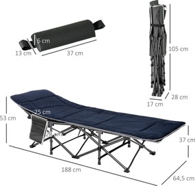 Kempingová postel, skládací kempingová postel s polštářem, 188 x 64,5 x 53 cm, tmavě modrá+šedá
