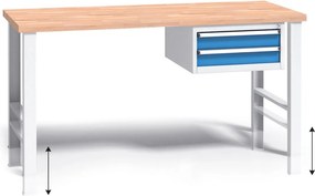 Výškově nastavitelný pracovní stůl do dílny G3 se závěsným boxem na nářadí, buková spárovka, 2 zásuvky, 1500 x 685 x 840 - 1050 mm, modrá
