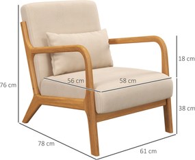 HOMCOM Lounge Křeslo Nordic Styl s Područky a Polštem, Rám z Gumového Dřeva pro Obývací Pokoj, Nosnost 120 kg, 61x78x76 cm, Béžové