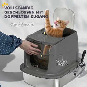 PawHut nerezová krytá kočičí toaleta s víkem — velký vrchní/přední vstup, kovová lopatka a sáček proti zápachu, odolná vůči zápachu, snadné čištění, …