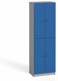 Dřevěná šatní skříňka, 4 dveře, cylindrický zámek, šedá / modrá