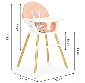 Židle na krmení 2v1 růžová s nohami v imitaci dřeva