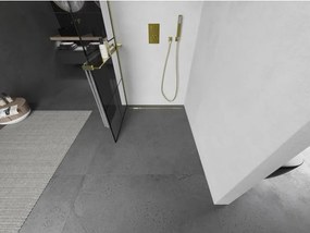 Mexen Kioto+ L, sprchová zástěna Walk-In s poličkou a věšákem 90 x 200 cm, 8mm čiré sklo černý vzor, ​​zlatý lesklý profil, 800-090-123-50-77