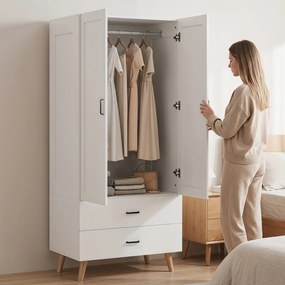 HOMCOM šatní skříň se 2 dveřmi s tlumeným zavíráním, 2 zásuvkami a šatní tyčí, 80x54x180 cm, bílá