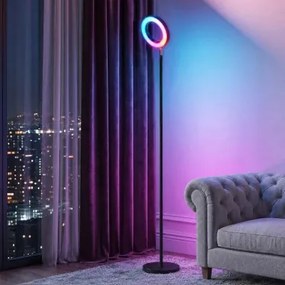 HOMCOM Stojací lampa 42W LED stmívatelná, 3 barevné teploty, stropní reflektor s nastavitelnou hlavou ve tvaru kruhu, černá