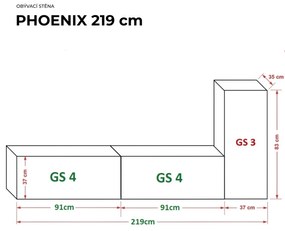 Ral Obývací stěna PHOENIX 4, 219 cm - Černý lesk